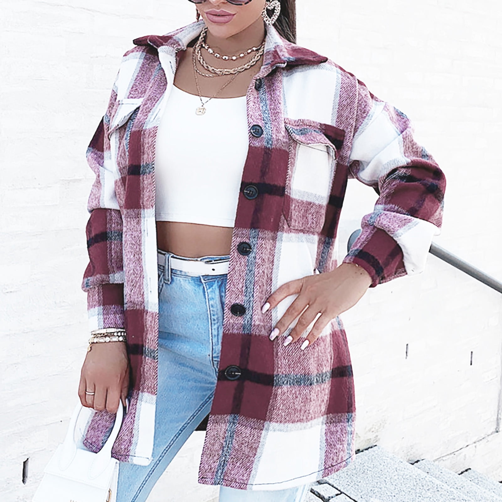 Meichang Shacket Jacket for Women Plaid Lapel Collar Outwear Button ...