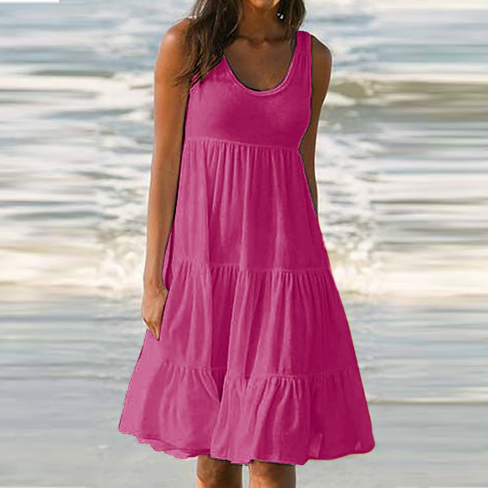 Meichang Sleeveless Sundresses for Women Plus Size U Neck Tiered ...