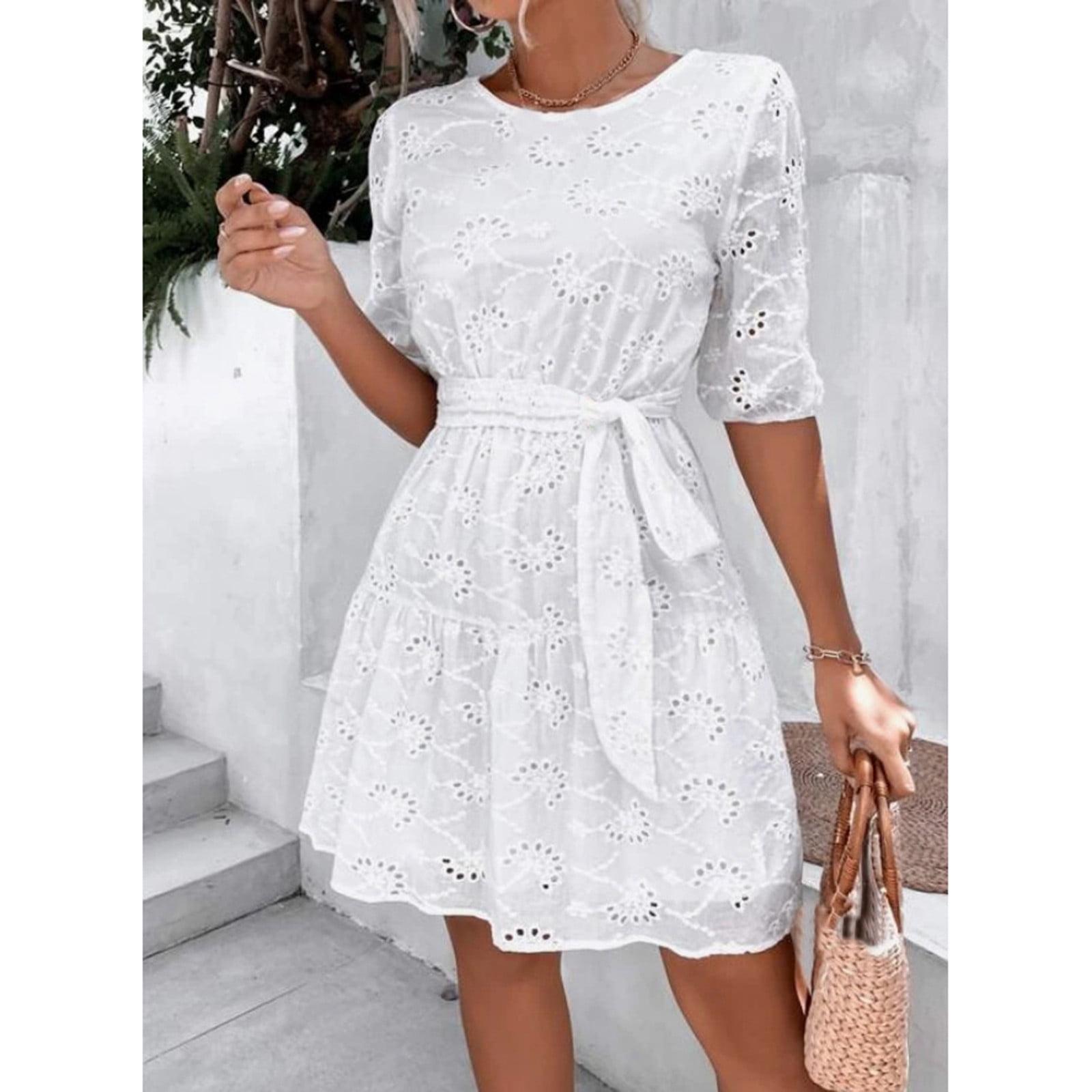 Meichang Summer Dresses for Women 2024 Eyelet Mini Dresses Crew Neck ...