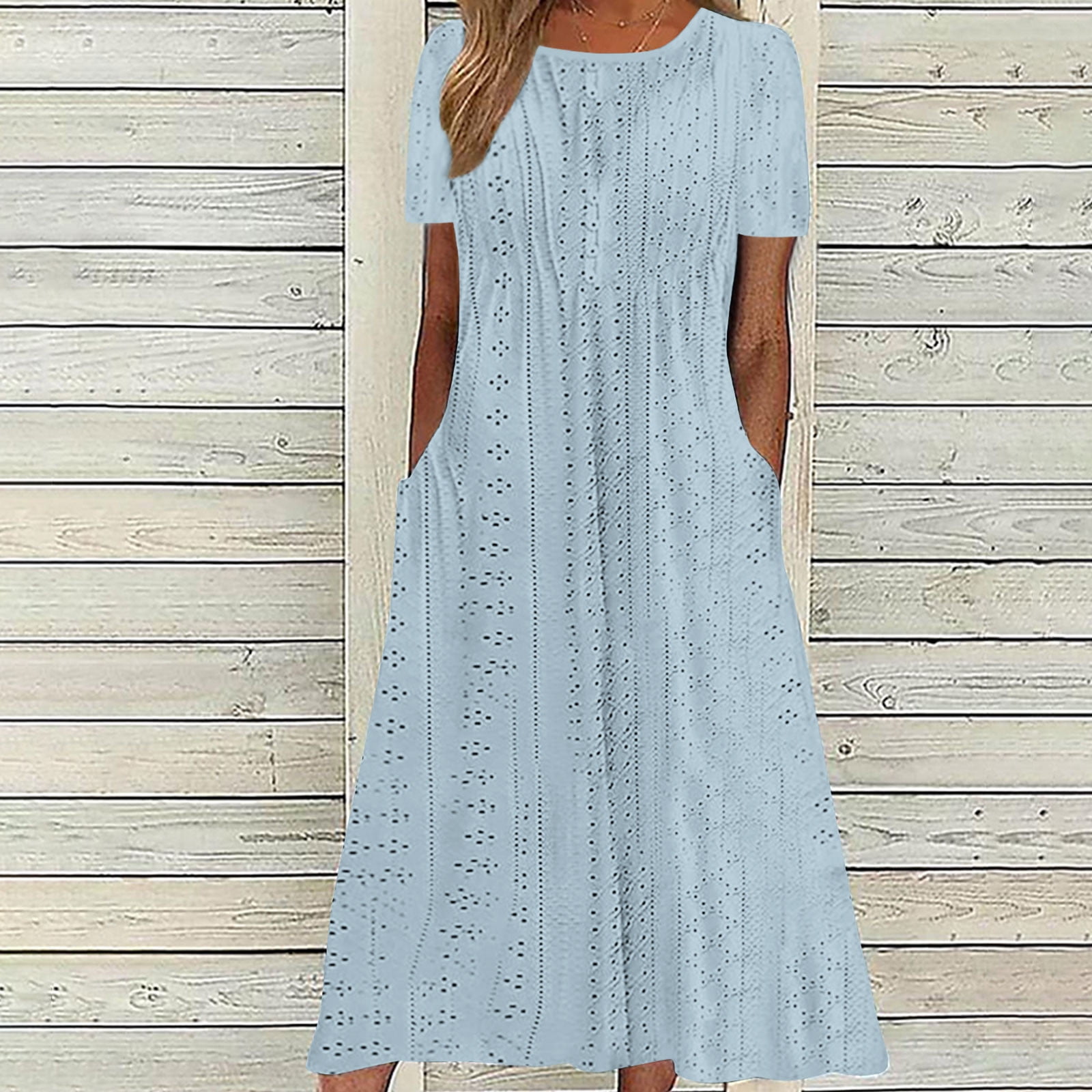 Meichang Summer Eyelet Dresses for Women Short Sleeve Crew Neck Midi ...