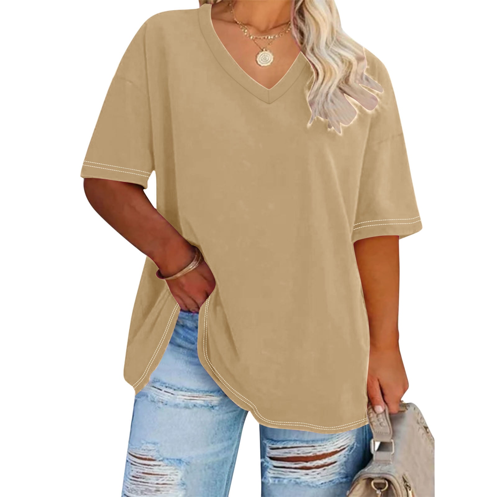 Meichang Womens Plus Size Tops V Neck T-Shirts Solid Loose Fit Short ...