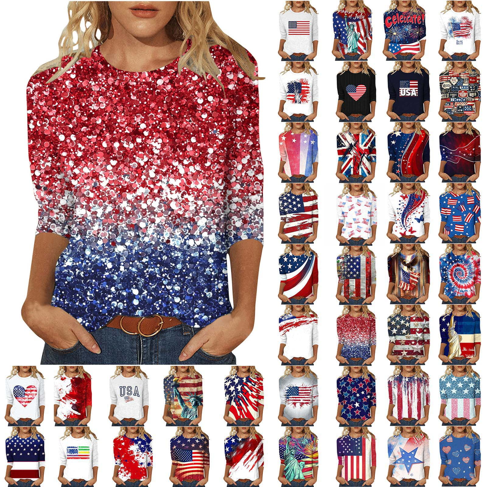 Meichang USA Flag Shirt for Women 3/4 Sleeve Independence Day T Shirt ...