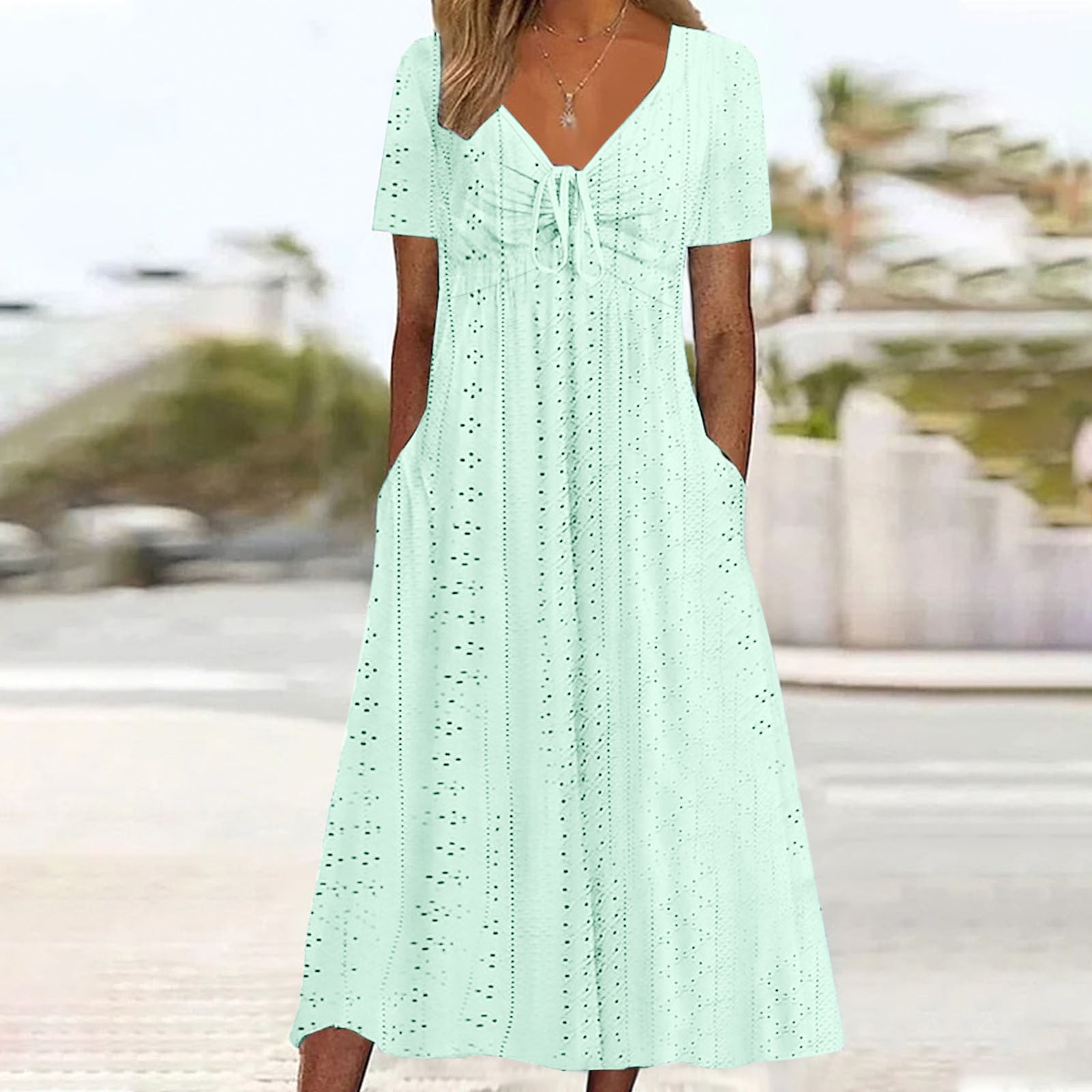 Meichang Women Casual Dresses Sexy V Neck Short Sleeve Eyelet Midi ...