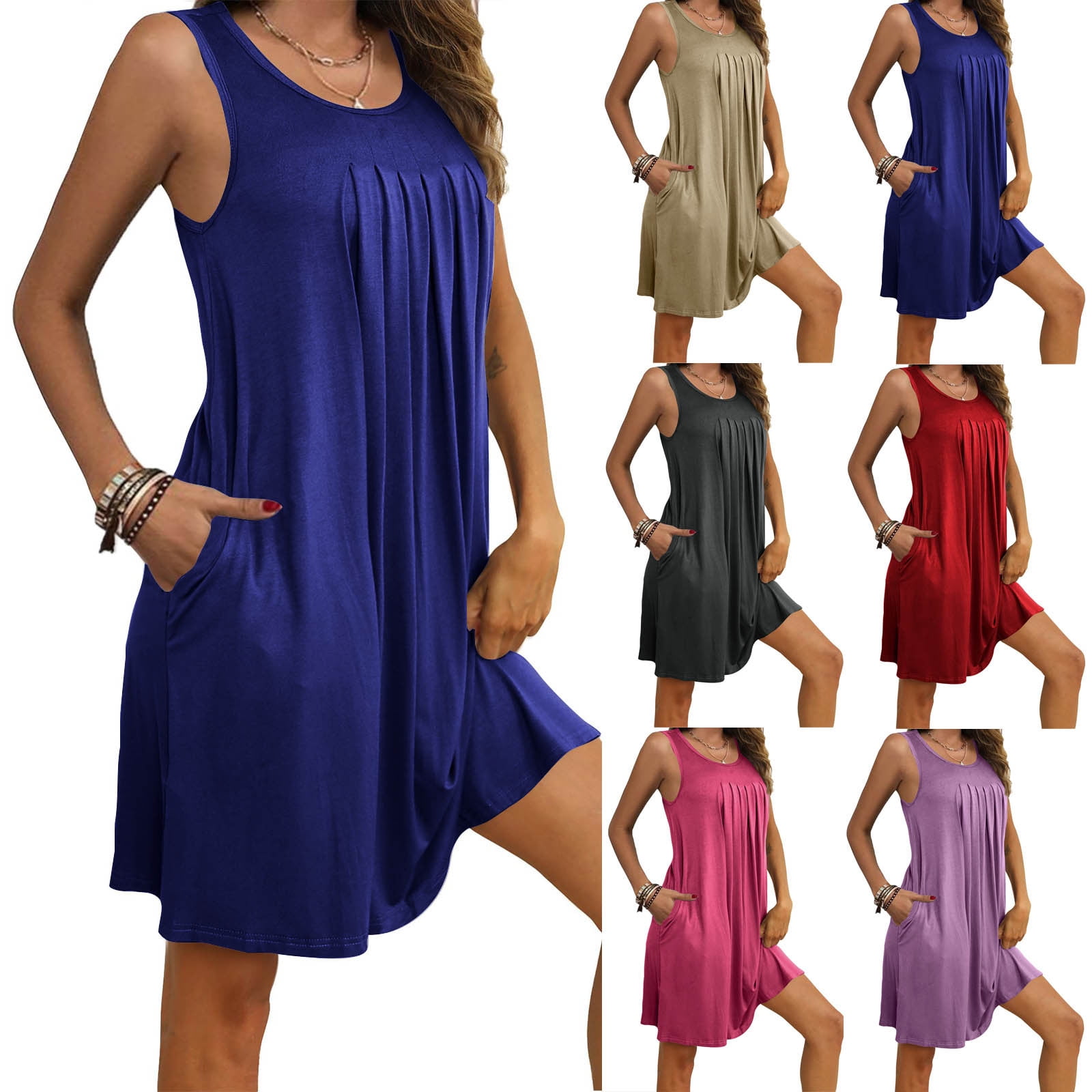 Meichang Women's Sleeveless Nightgowns with Pockets Flowy Pleated Front ...