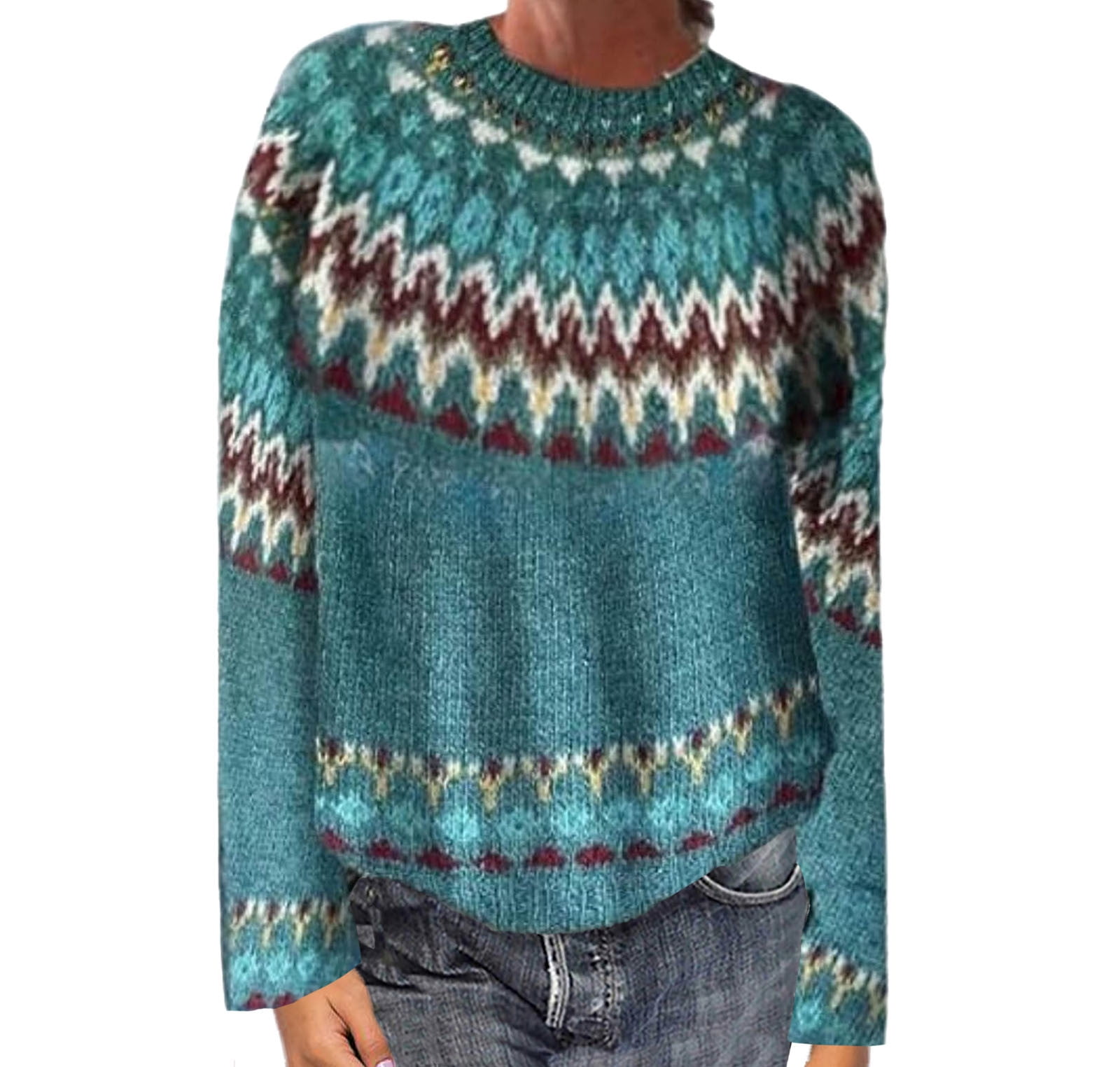 Meichang Women's Sweaters Vintage Fair Isle Sweater Knit Pullover Tops Long Sleeve Crewneck ...