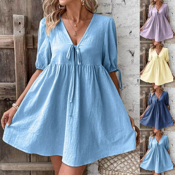 Meichang Women's V Neck Mini Dresses Short Sleeve Tie A-Line Babydoll ...