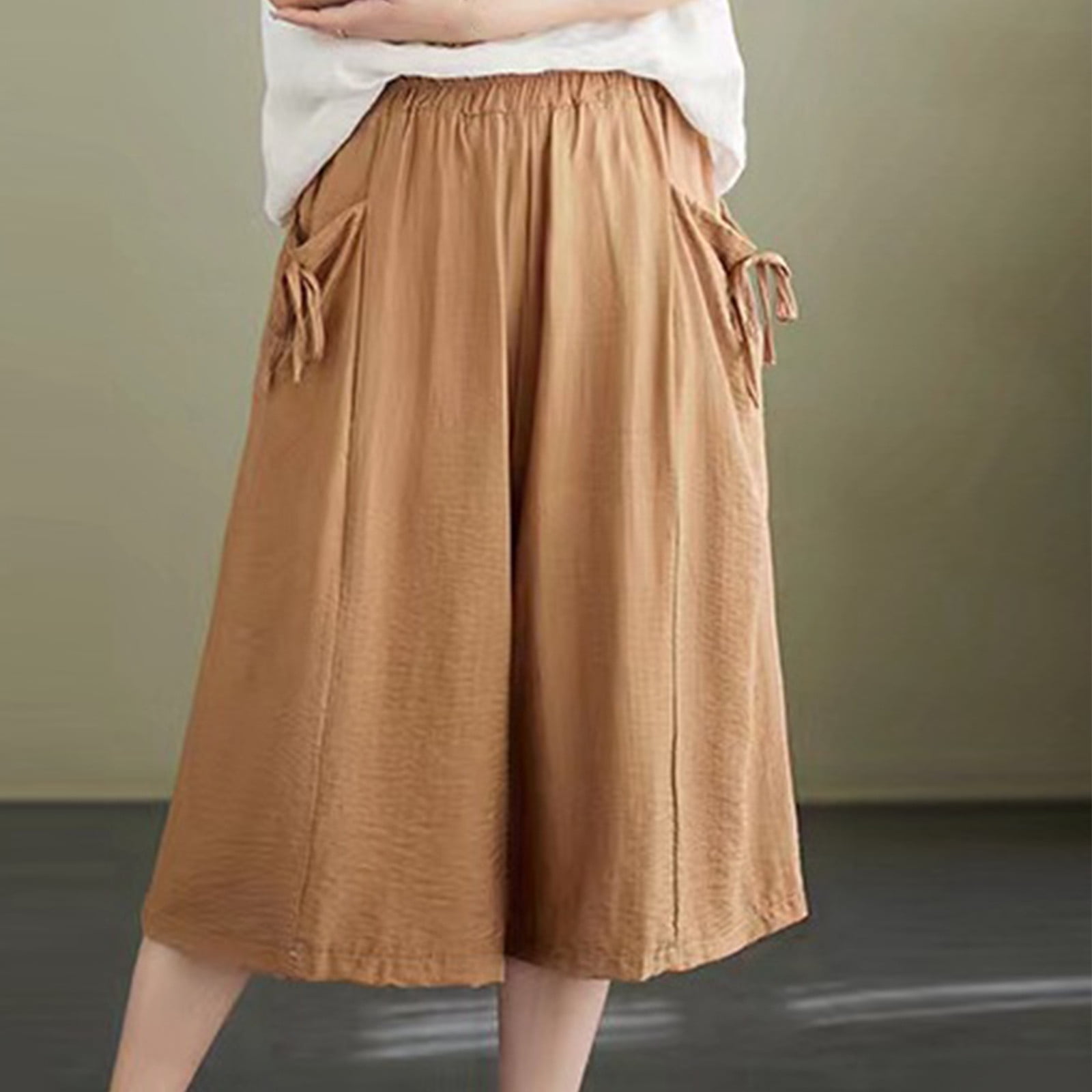 Meichang Womens Capri Culottes Cotton Linen Palazzo Pants Elastic Waist ...