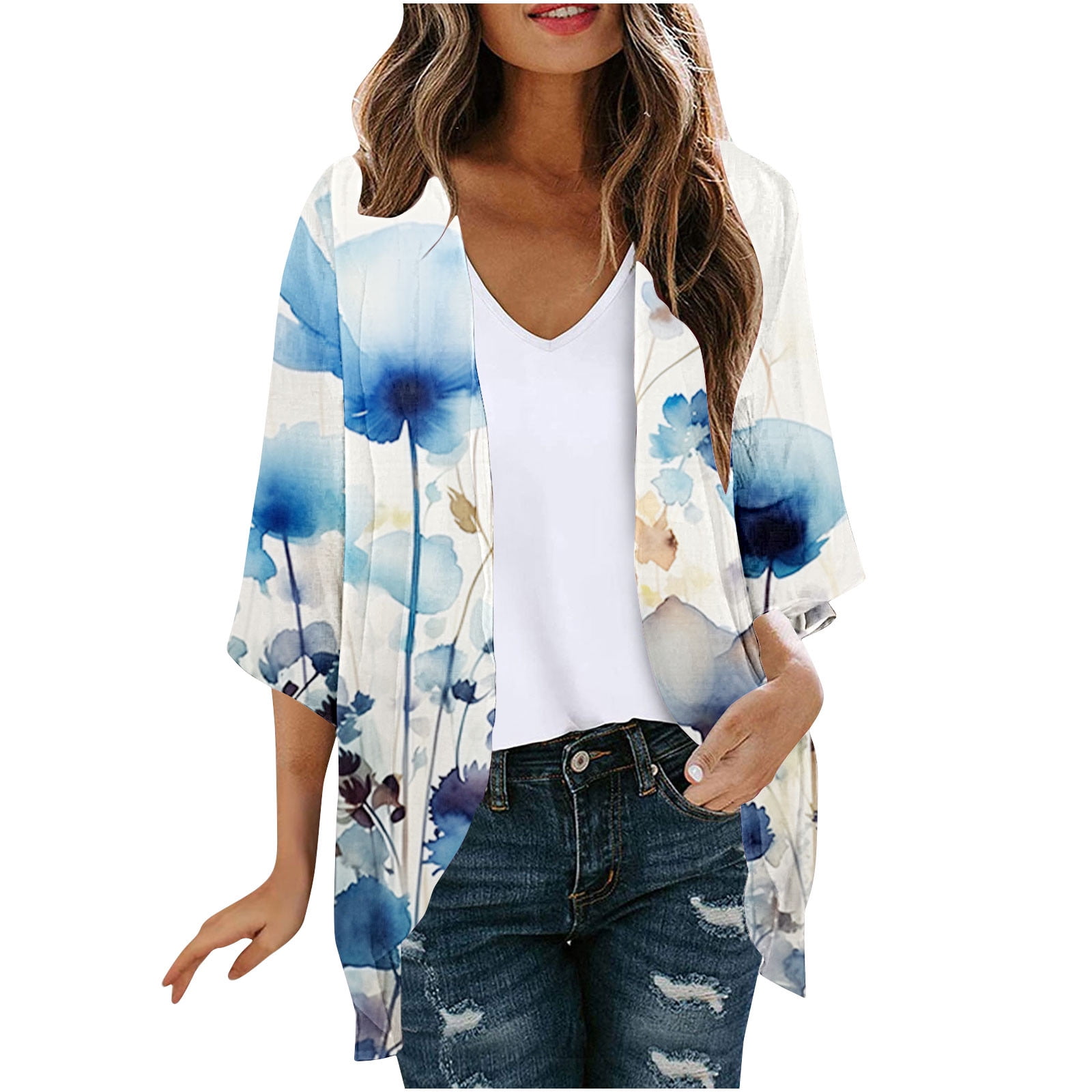 Meichang Womens Cardigan Floral Print 3/4 Sleeve Chiffon Cardigan ...