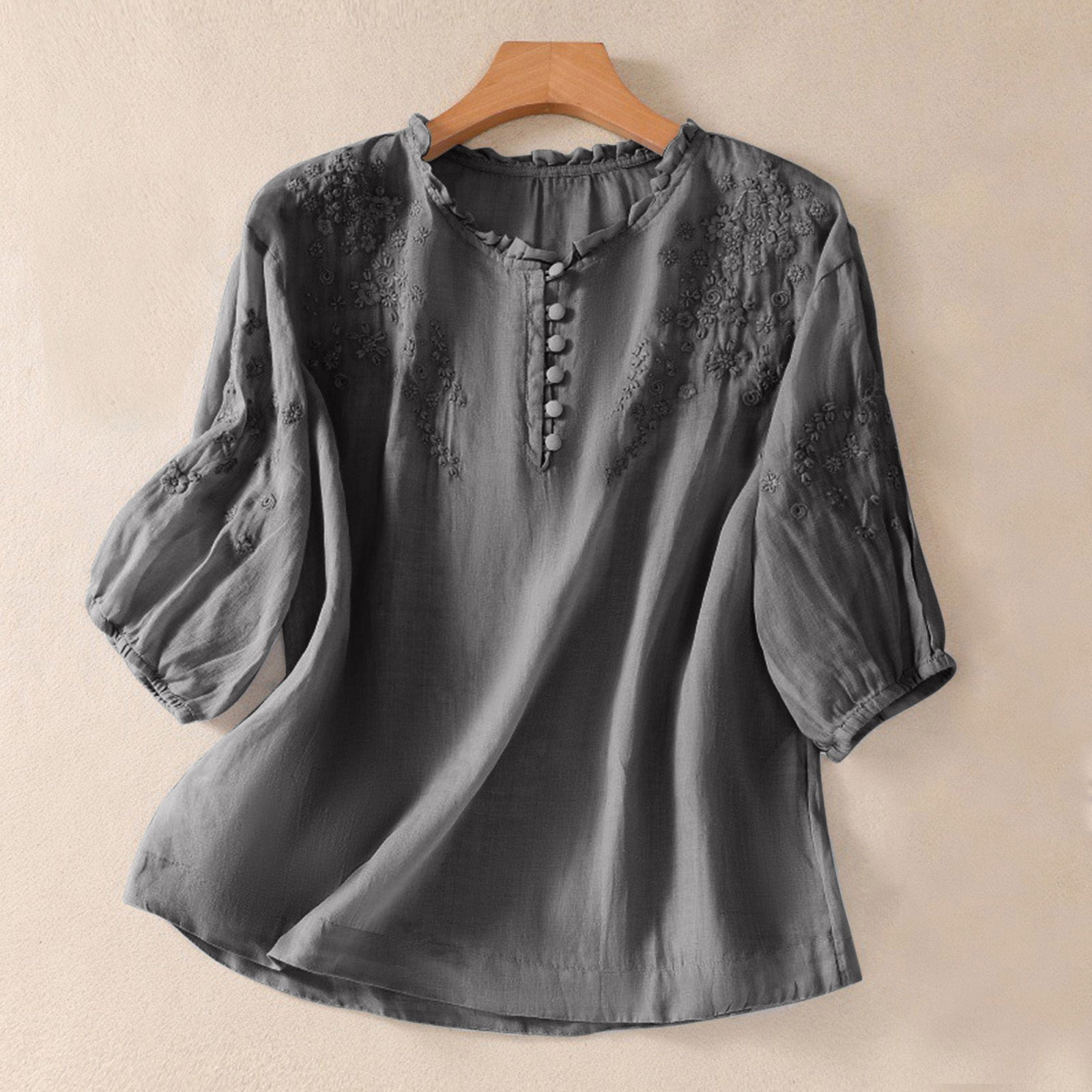 Meichang Womens Cotton Linen Embroidered Blouses 3/4 Lantern Sleeve ...