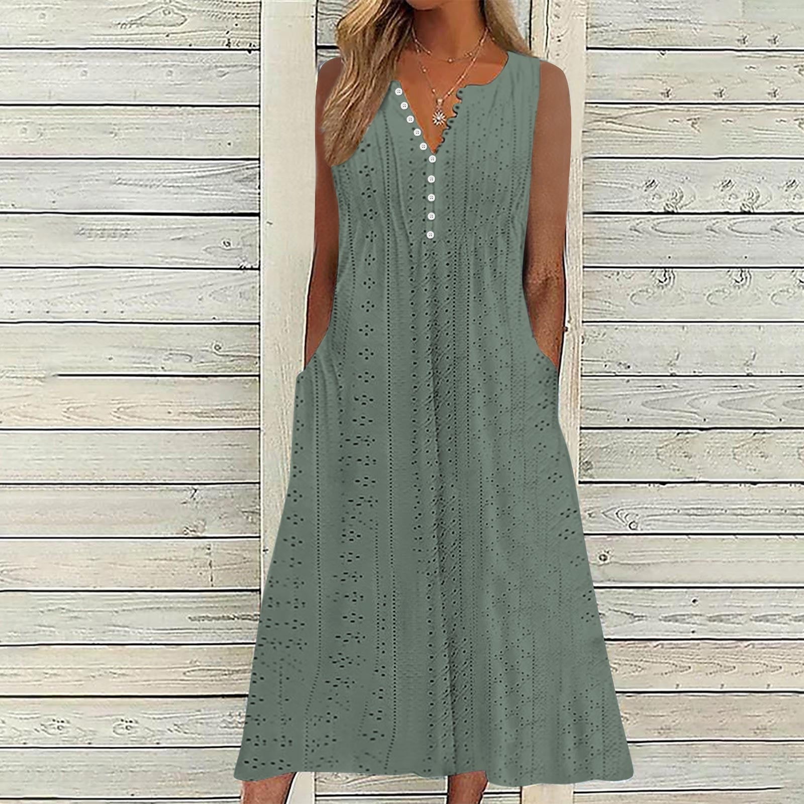 Meichang Womens Eyelet Dresses V Neck Button Sleeveless Dresses Solid ...