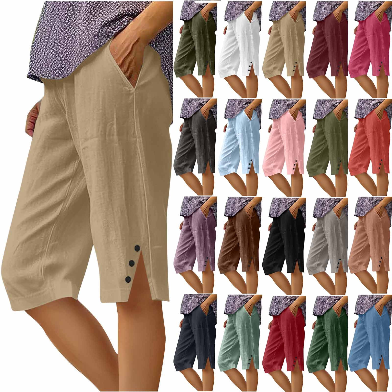 Meichang Womens Linen Capri Pants Knee Length Summer Linen Capri Pants ...