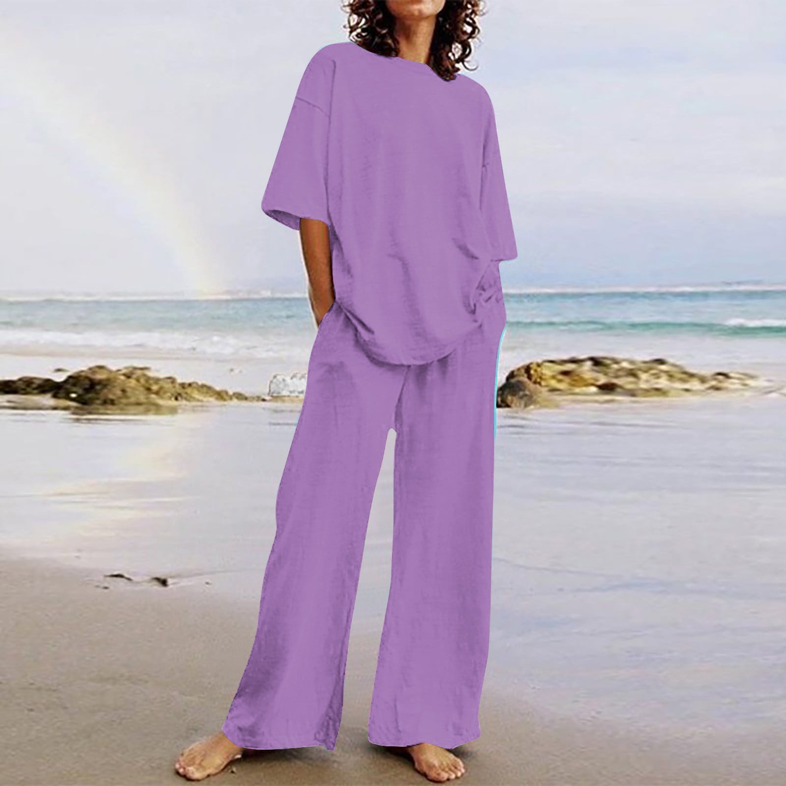 Meichang Womens Summer 2 Piece Outfit Casual Loose Half Sleeve Crewneck ...