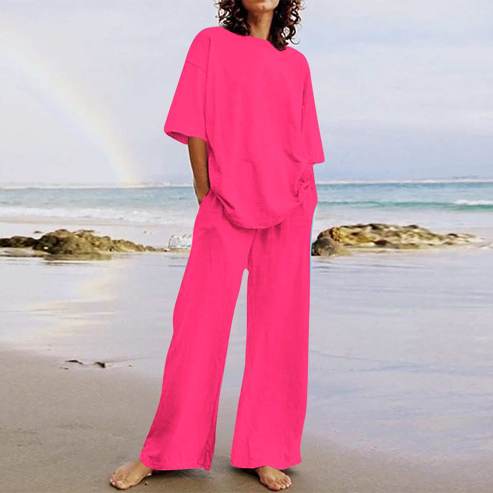 Meichang Womens Summer 2 Piece Outfit Casual Loose Half Sleeve Crewneck ...