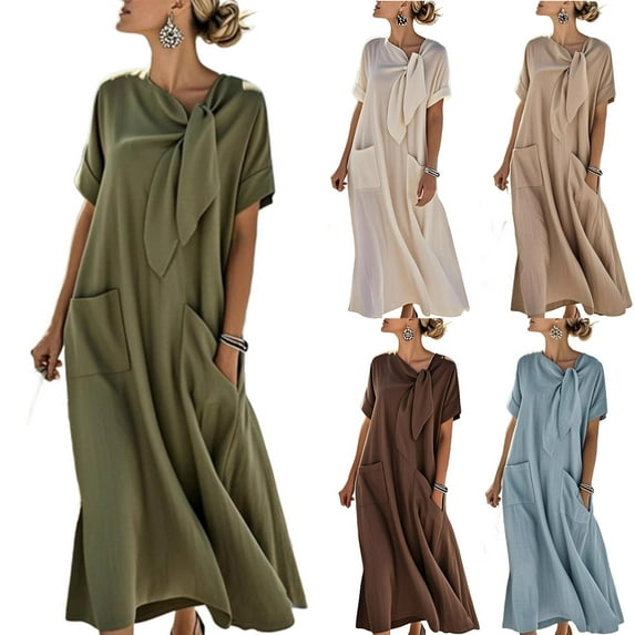 Meichang Womens Summer Maxi Dresses Short Sleeve Tie Neck Loose Fit ...