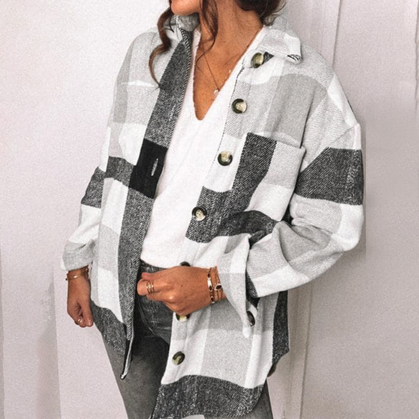 Meichang Woolen Jacket for Women 2023 Fall Button Down Plaid Coat Lapel ...