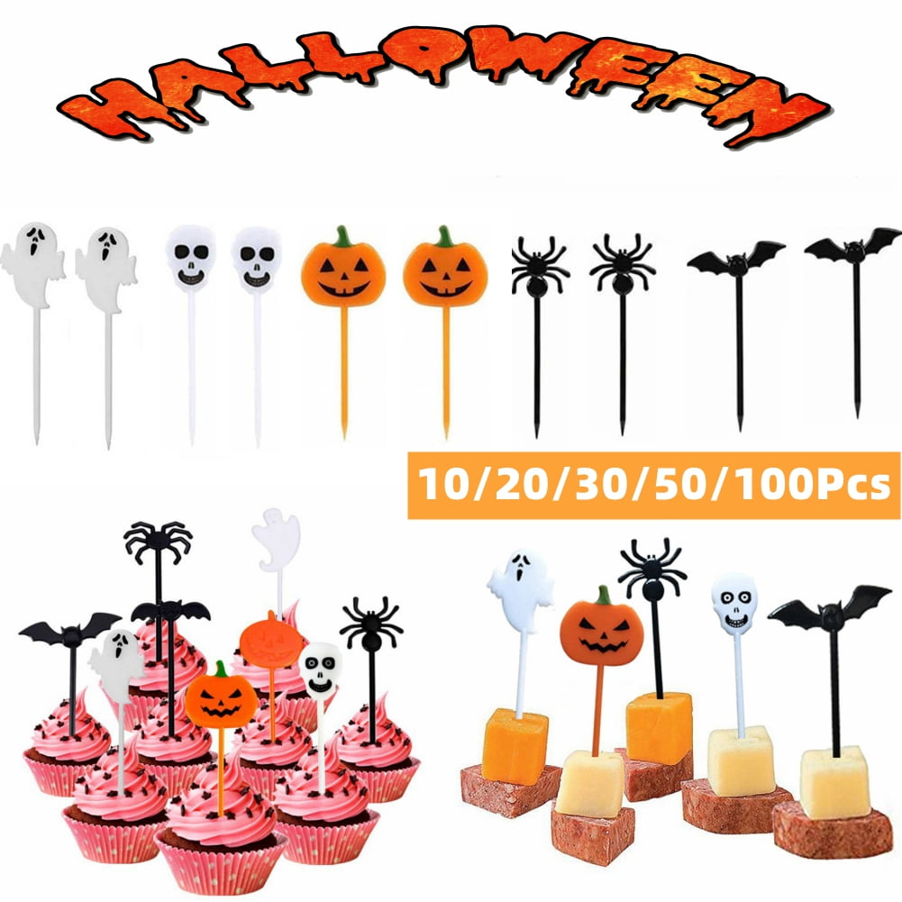 Meidiya 10/20/30/50/100Pcs 5 Styles Halloween Picks Plastic Cake Stick ...