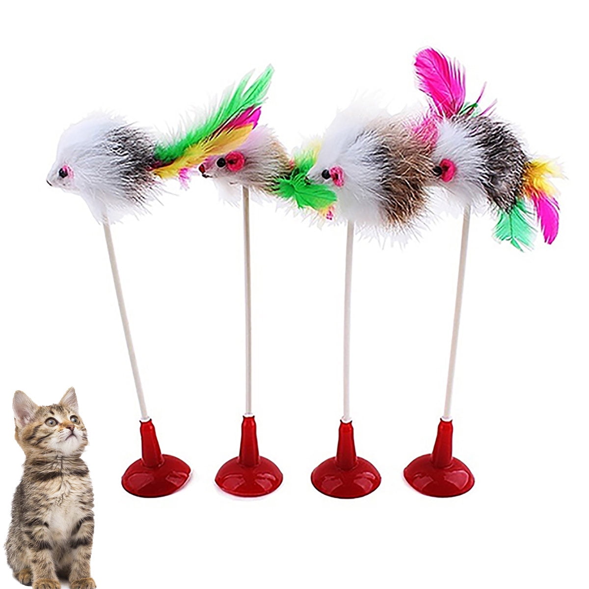 Meidiya 4Pcs Cat Plush Mouse Feather Wand Toys with Strong Suction Cups ...