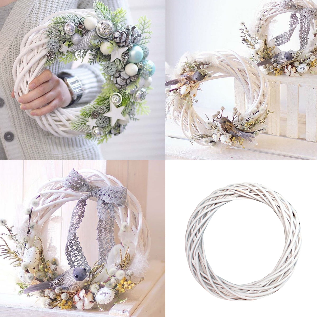 Meidiya Christmas Natural Rattan Wreath Round White Wicker Garland For ...