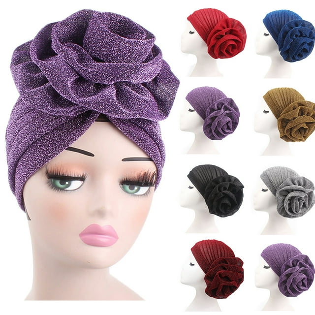 Meidiya Fashion Shiny Women African Turban Big Flower Knot Pre Tied