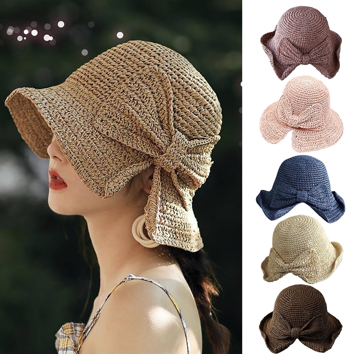 Meidiya Foldable Straw Sun Hat, Wide Brim, Floppy Design, Woven Bow ...