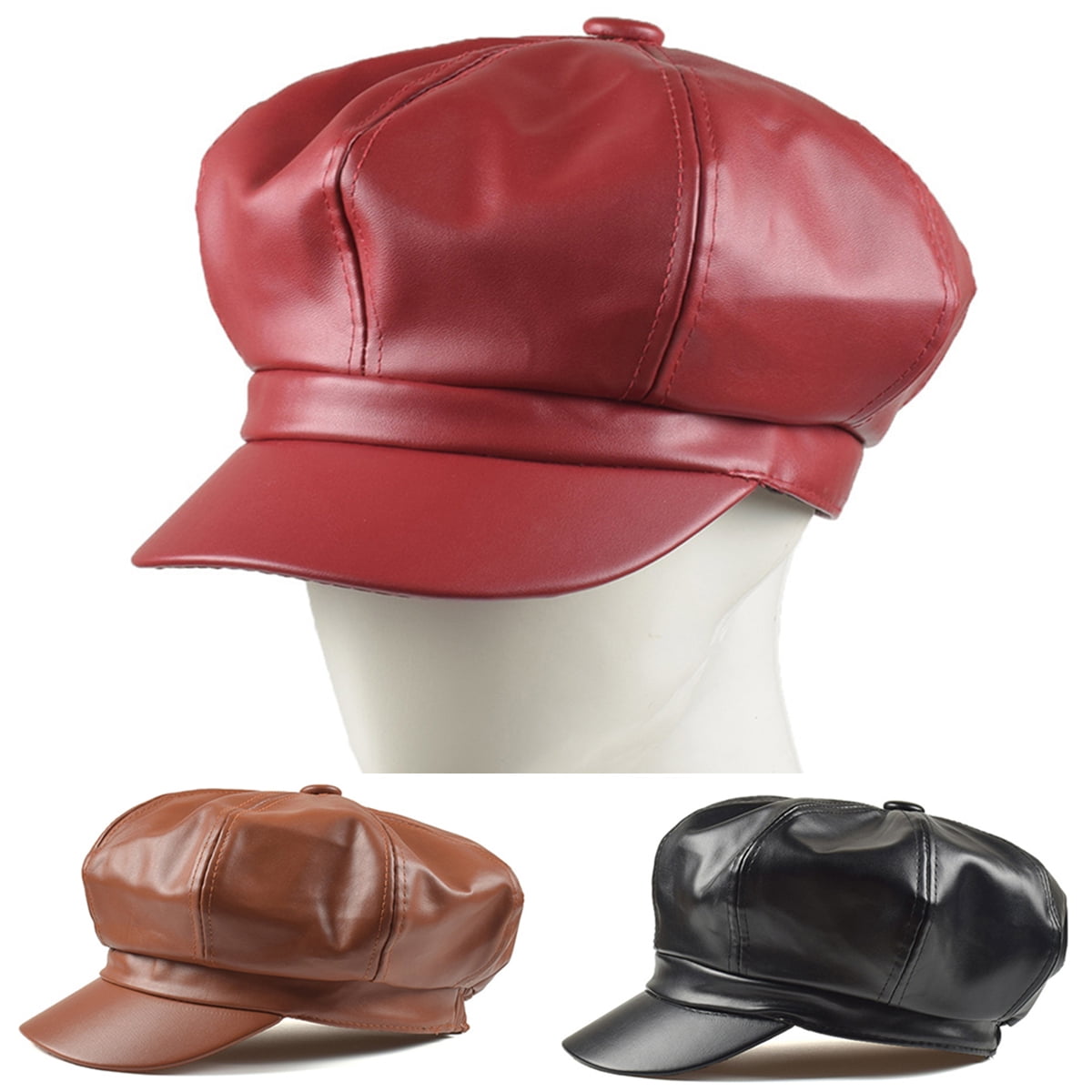 Meidiya Leather Newsboy Hats for Women, 8 Panel PU Leather Cabbie ...