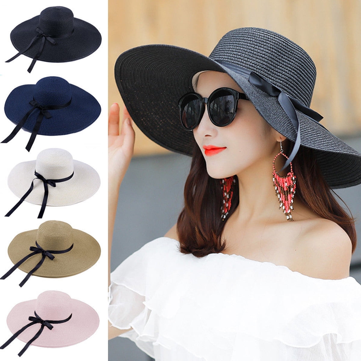 Meidiya Womens Sun Straw Hat Wide Brim UV UPF 50 Summer Hat Foldable ...
