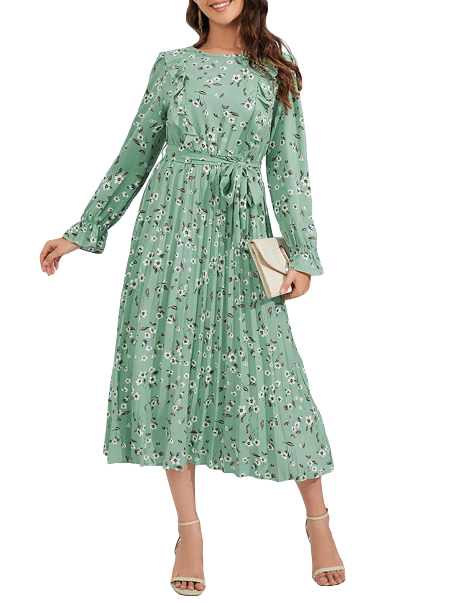 Meihuid Flower Print Midi Dress with Pleated Skirt and Ruffled Long ...