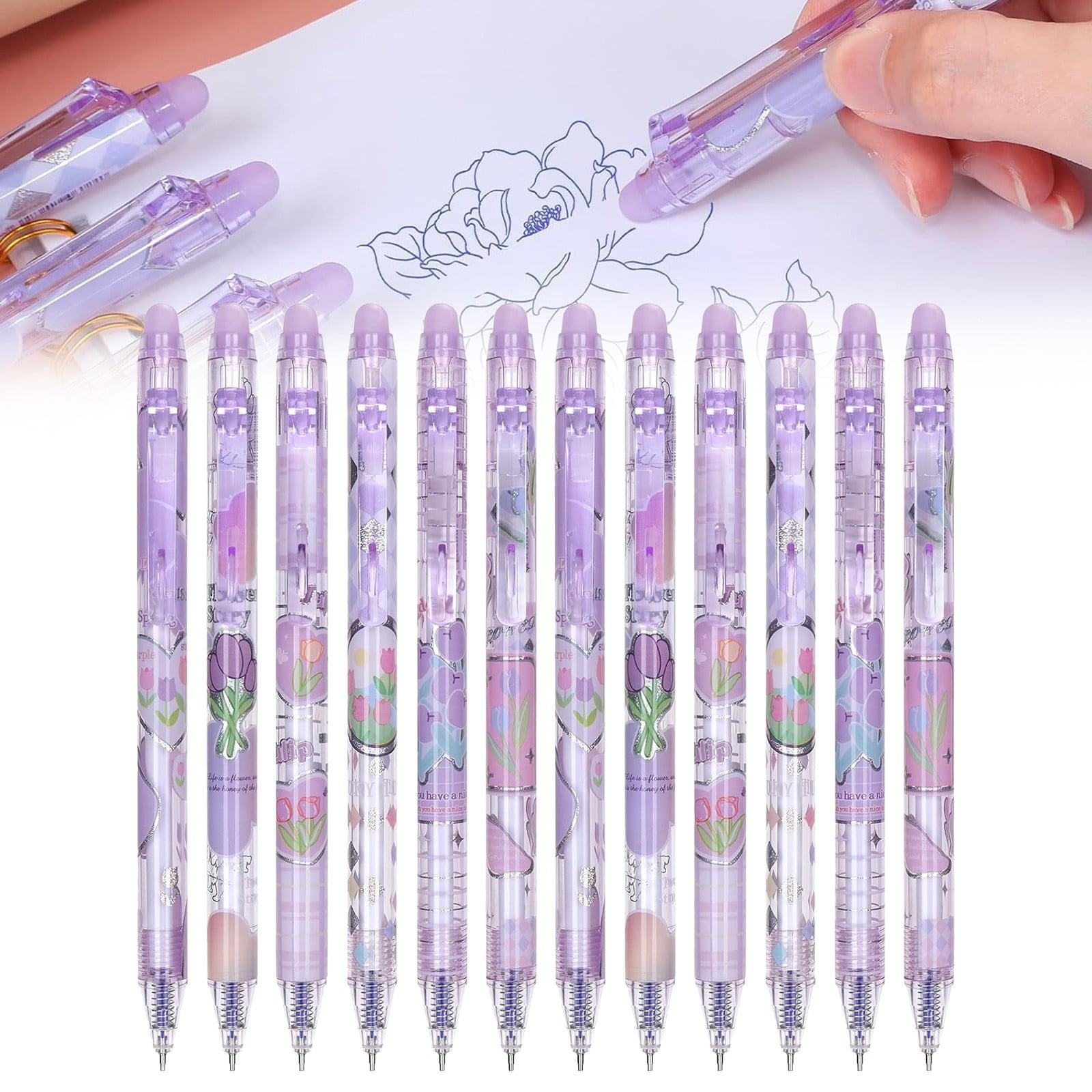 Meiiso 12-Pack Cute Erasable Gel Pens, 0.5mm, Tulip Design for ...