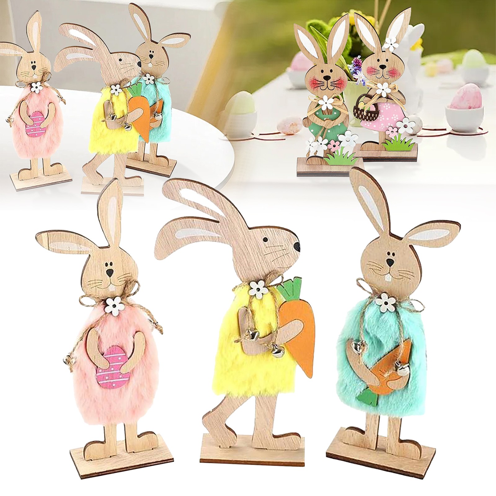Meiiso Easter Wooden Bunny Figurine Set Of Three,Easter Wooden Bunny ...