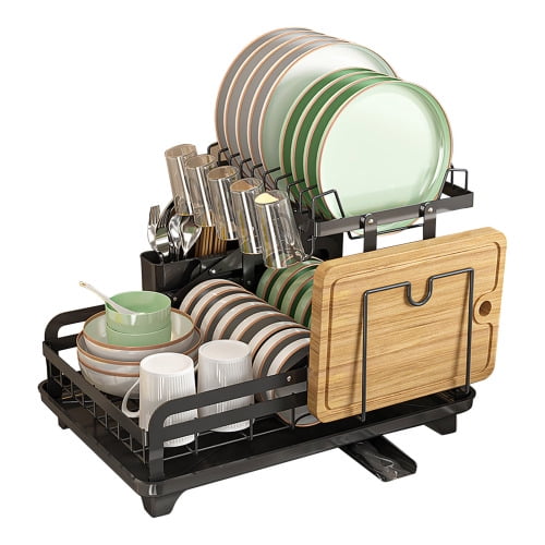 Meileang 2-Tier Metal Dish Drying Rack with Drain Board 360-Degree ...
