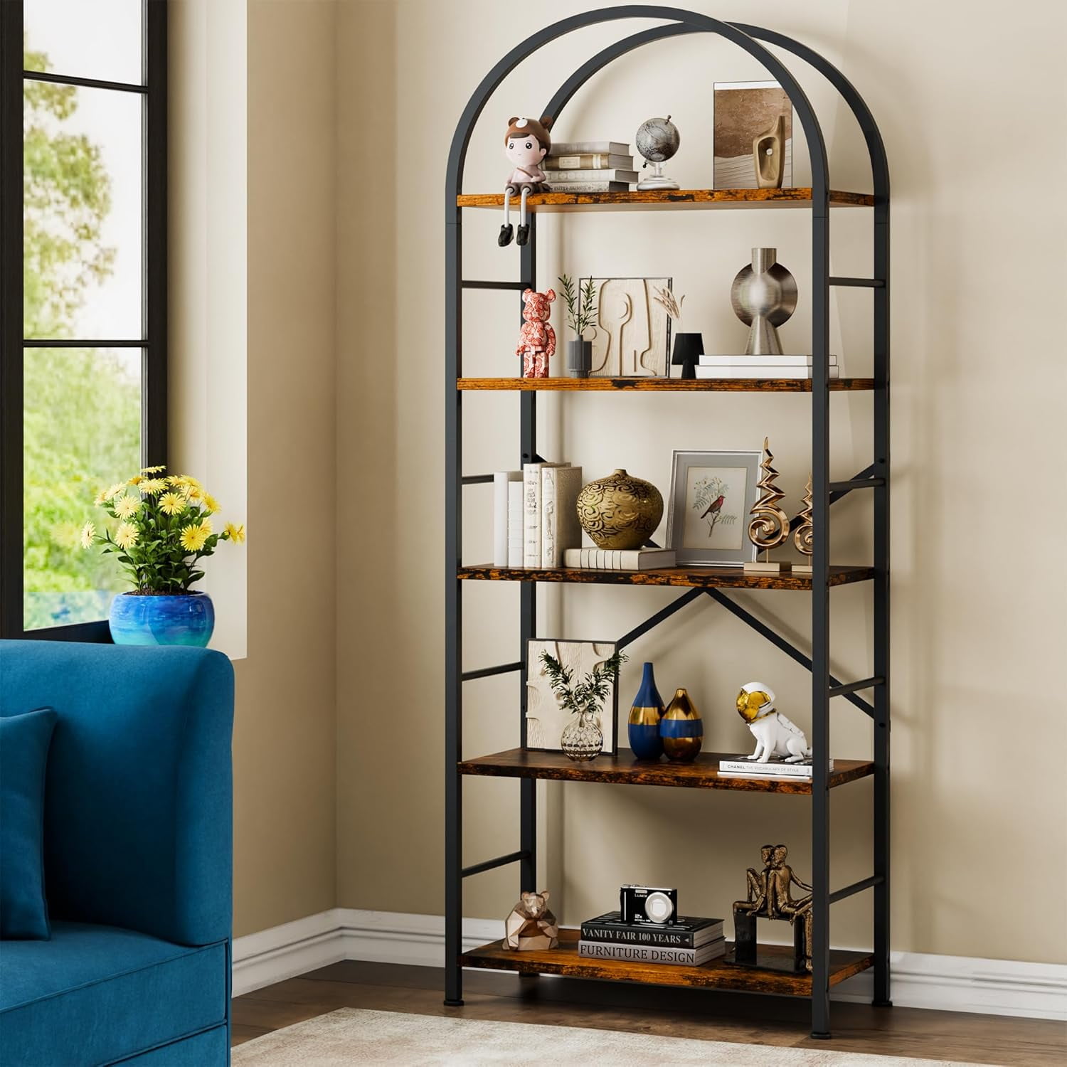 Meilocar 5 Tiers Bookshelf Arched, Wooden Bookcase Display Rack with ...