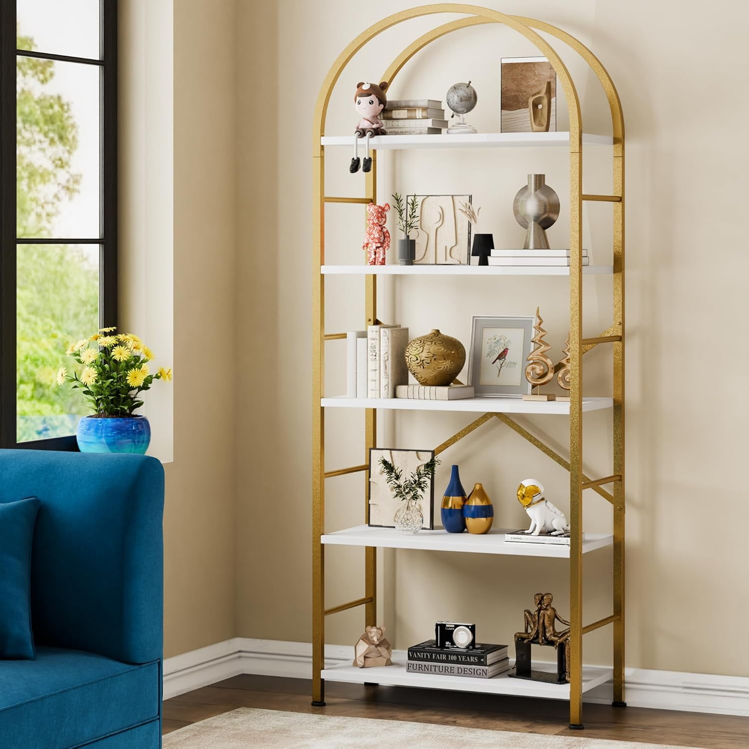 Meilocar 5 Tiers Bookshelf Arched, Wooden Bookcase Display Rack with ...