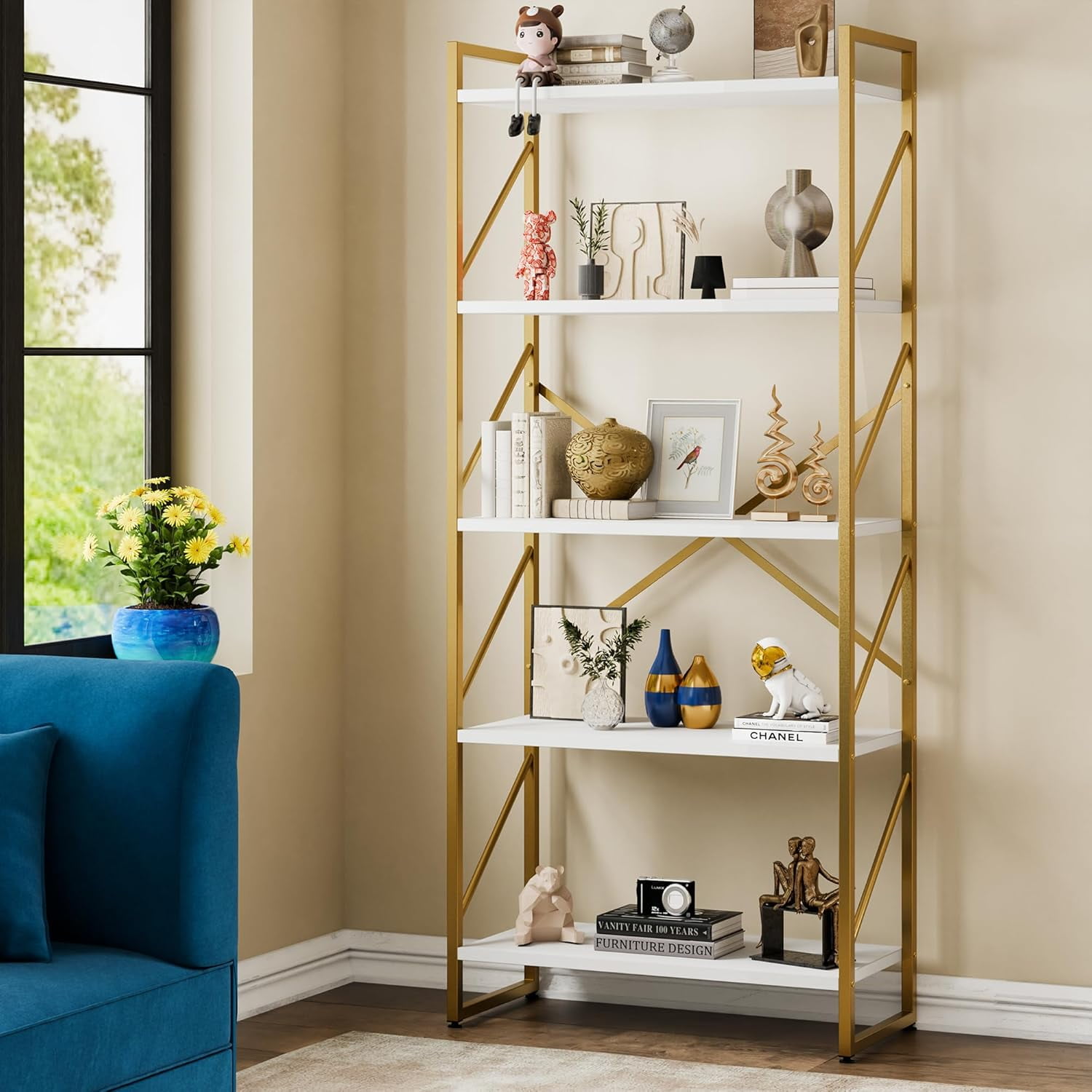 Meilocar 5 Tiers Bookshelf, Tall Wooden Bookcase with Metal Frame ...