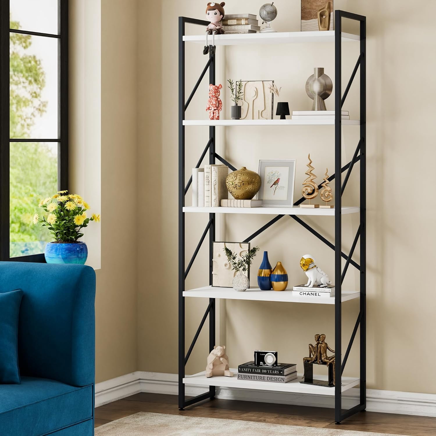 Meilocar 5 Tiers Bookshelf, Tall Wooden Bookcase with Metal Frame ...