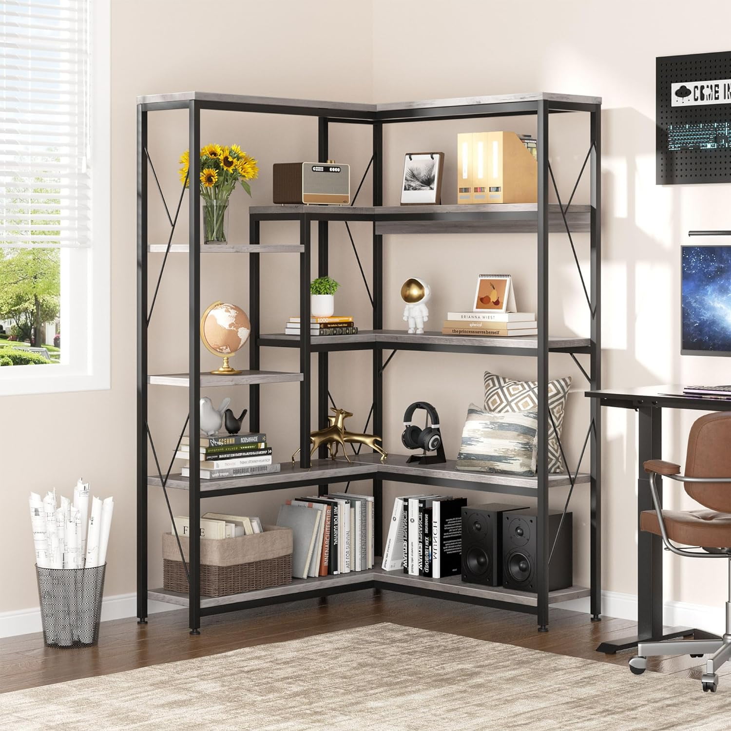 Meilocar Bookshelf, Wooden Bookcase with Metal Frame, Modern Book Rack ...