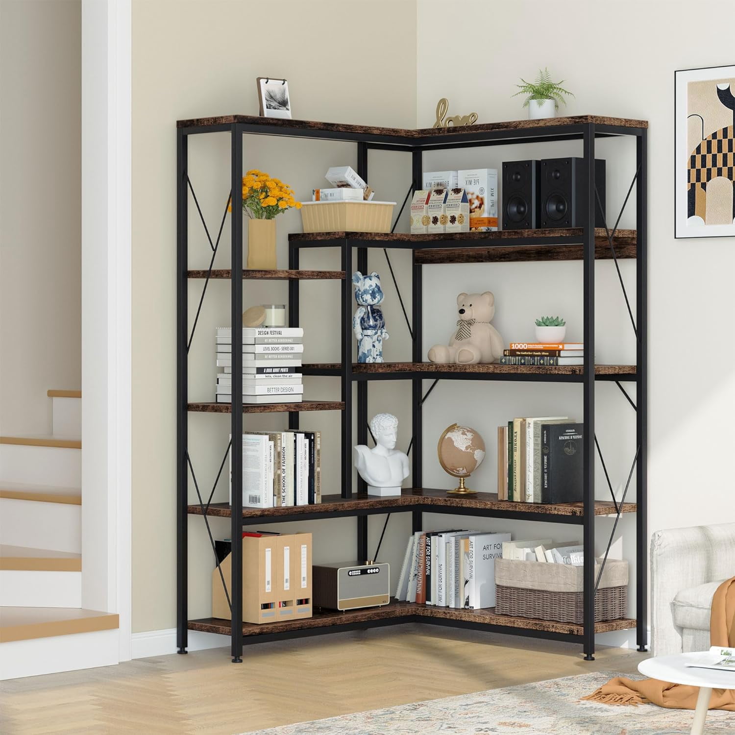 Meilocar Bookshelf, Wooden Bookcase with Metal Frame, Modern Book Rack ...