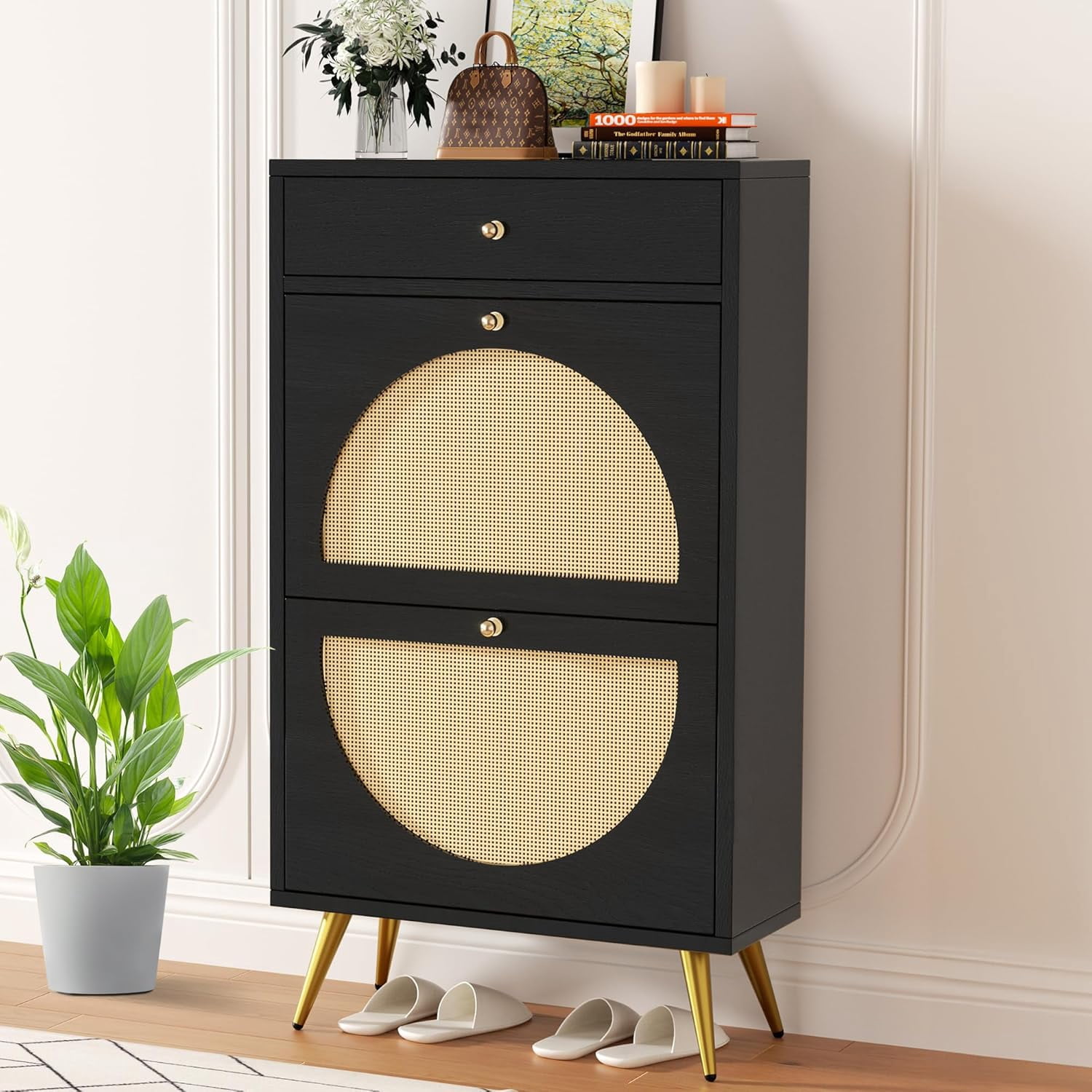 Meilocar Rattan Shoe Cabinet, 2 Flip Door Shoe Storage Cabinet with 1 ...