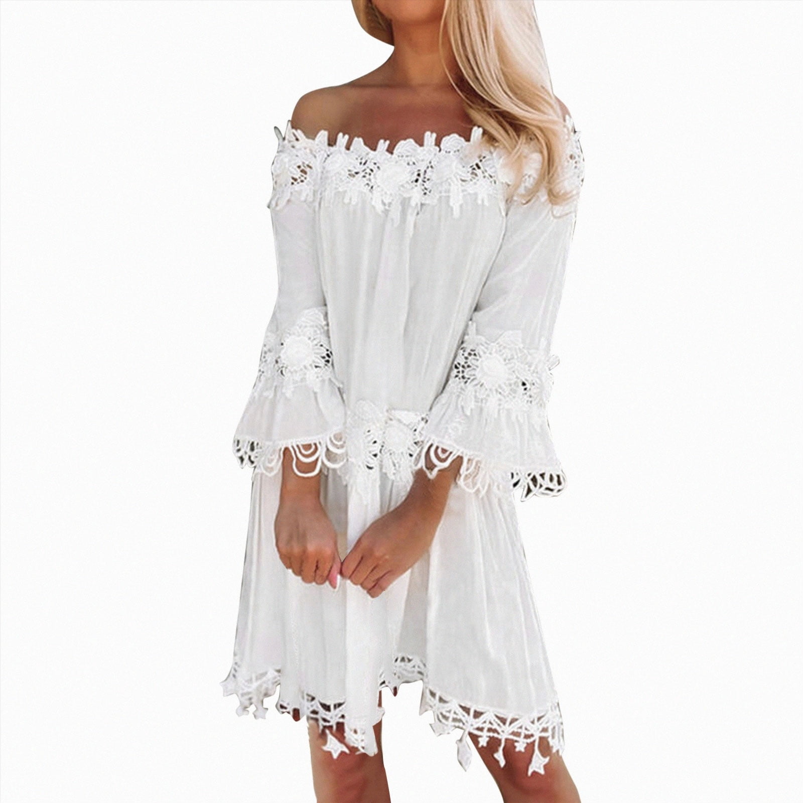Meiodtion Dresses for Women Boat Neck Mini 3/4 Sleeve Summer Fit Flare ...
