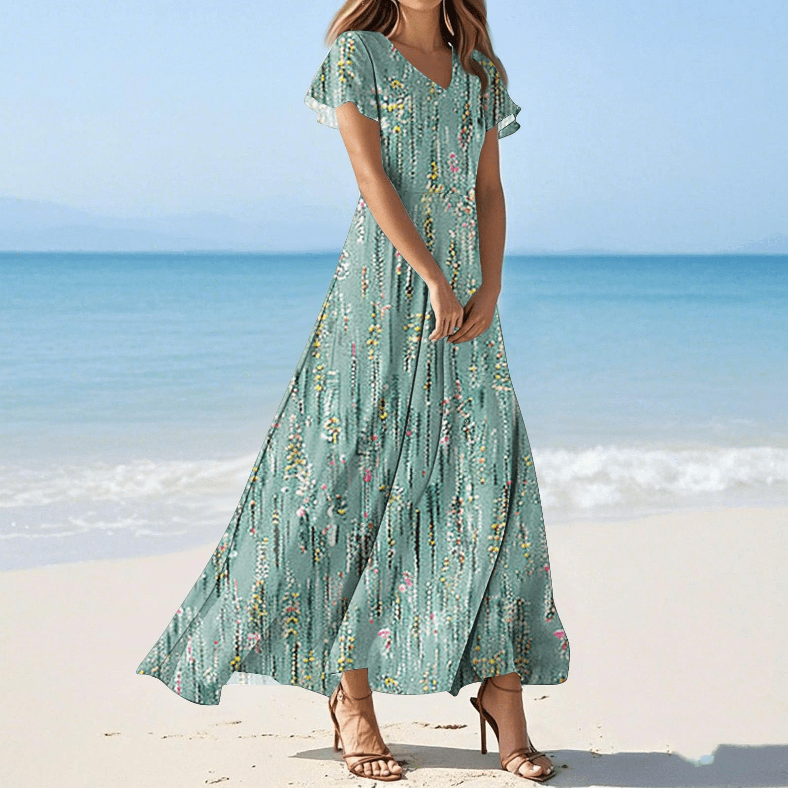 Meiodtion Dresses for Women Maxi Short Sleeve V Neck Summer Sundress ...