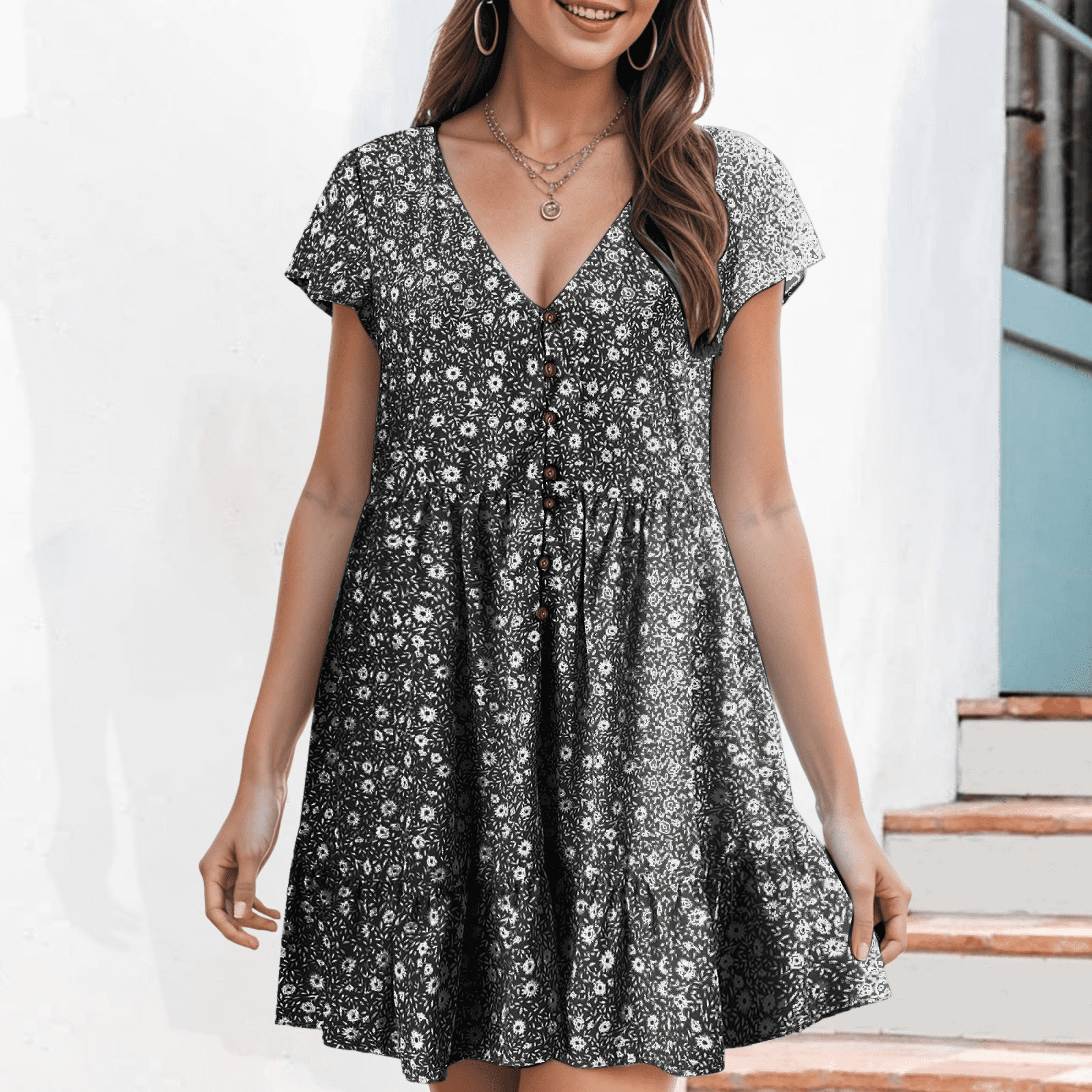 Meiodtion Dresses for Women Mini V Neck Short Sleeve Summer Sundress ...