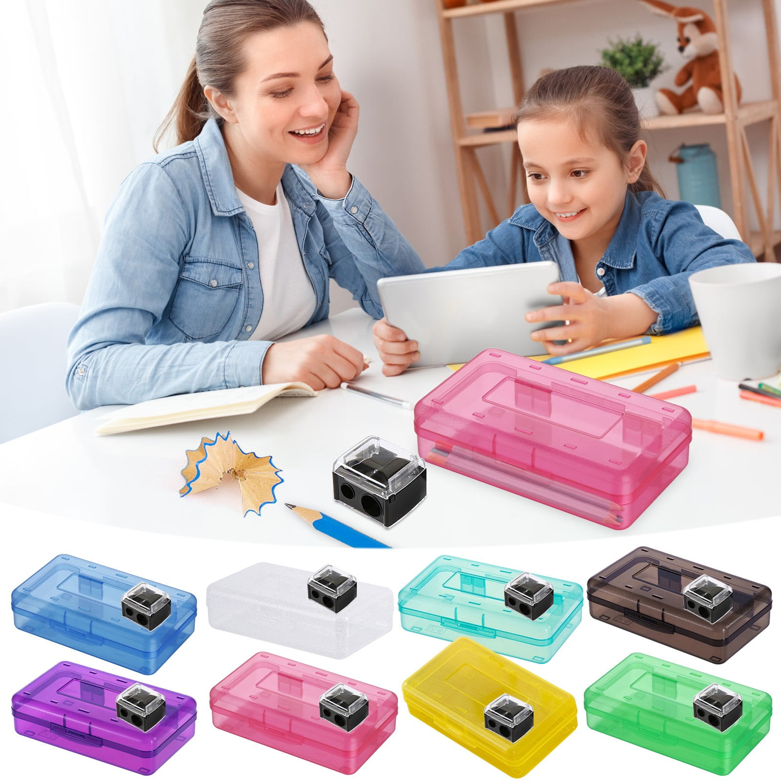 Meitianfacai Clear Pencil Box with Pencil Sharpener, Hard Plastic ...