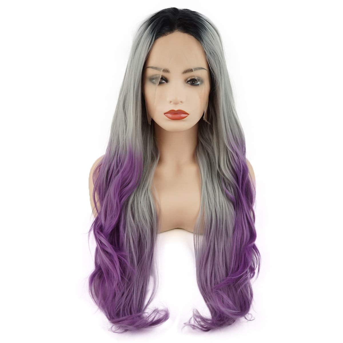 Meiyite Hair Wavy Long 26inch Dark Root Gray Purple Ombre Heavy Density ...