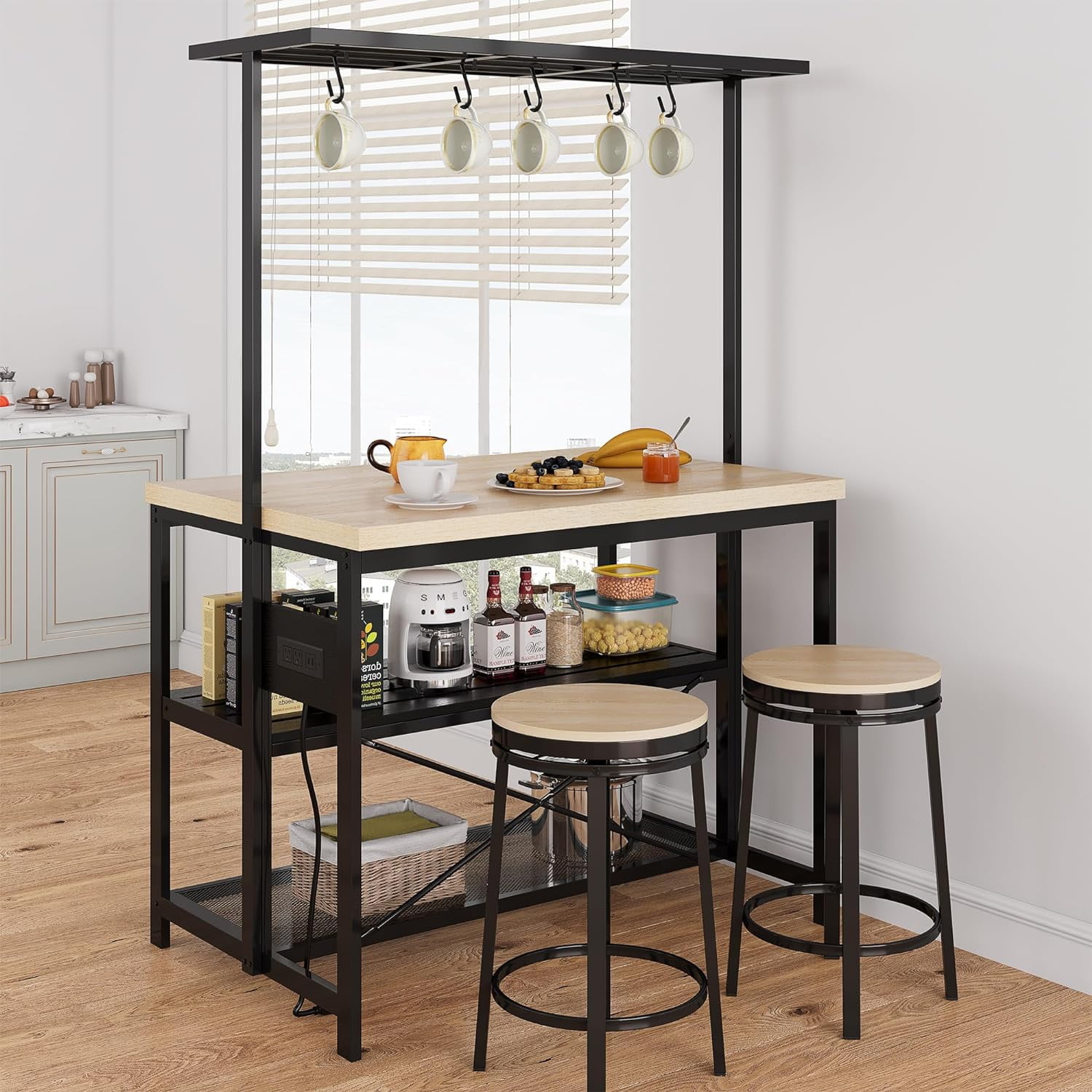 Mekek Kitchen Islands with Power Outlet and 5 Hooks, Metal Wood Color ...