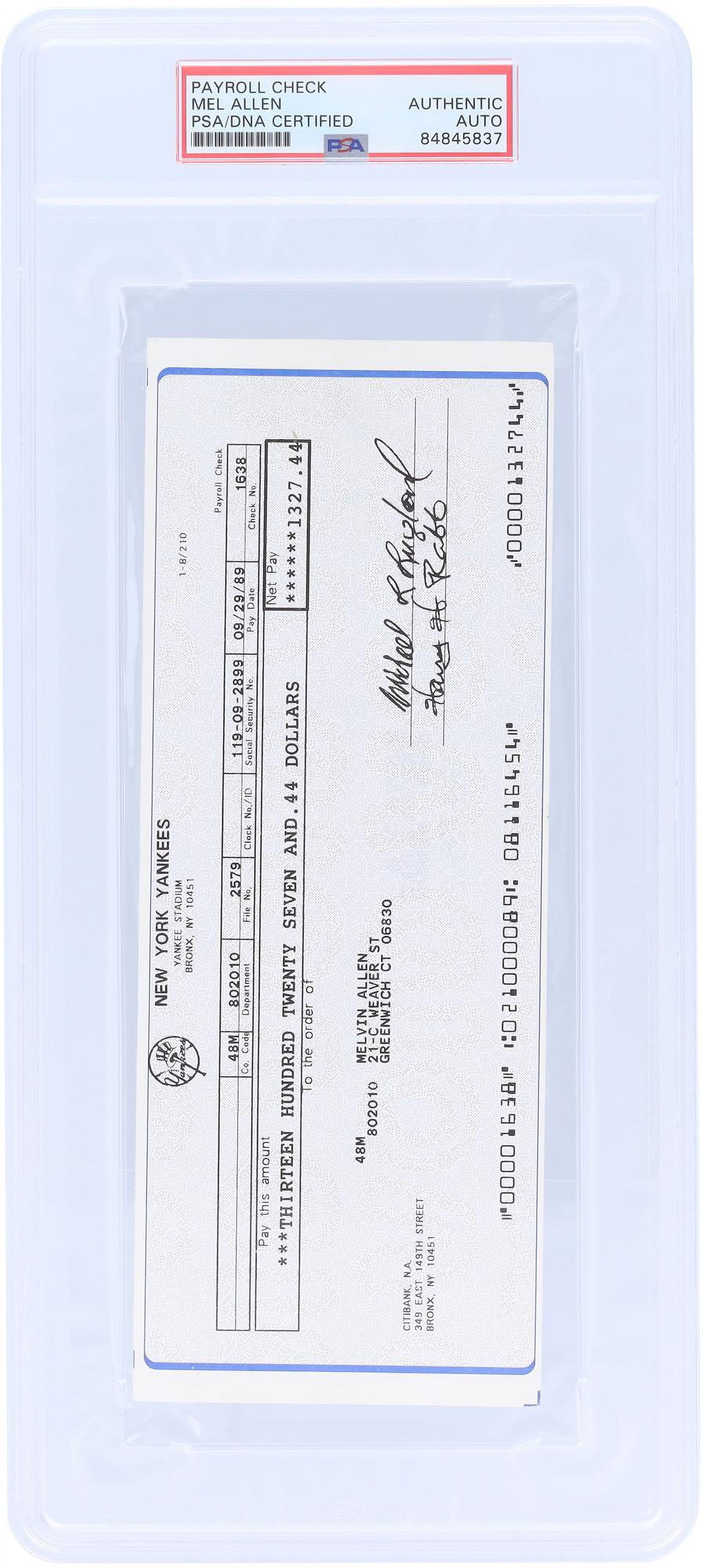 Mel Allen New York Yankees Autographed Check from September 29, 1989 ...