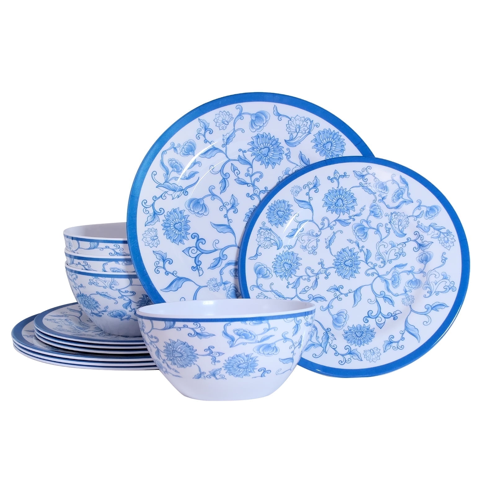 Melamine Dinnerware Set 12-Piece for 4 Dish Set Plates Bowls ...