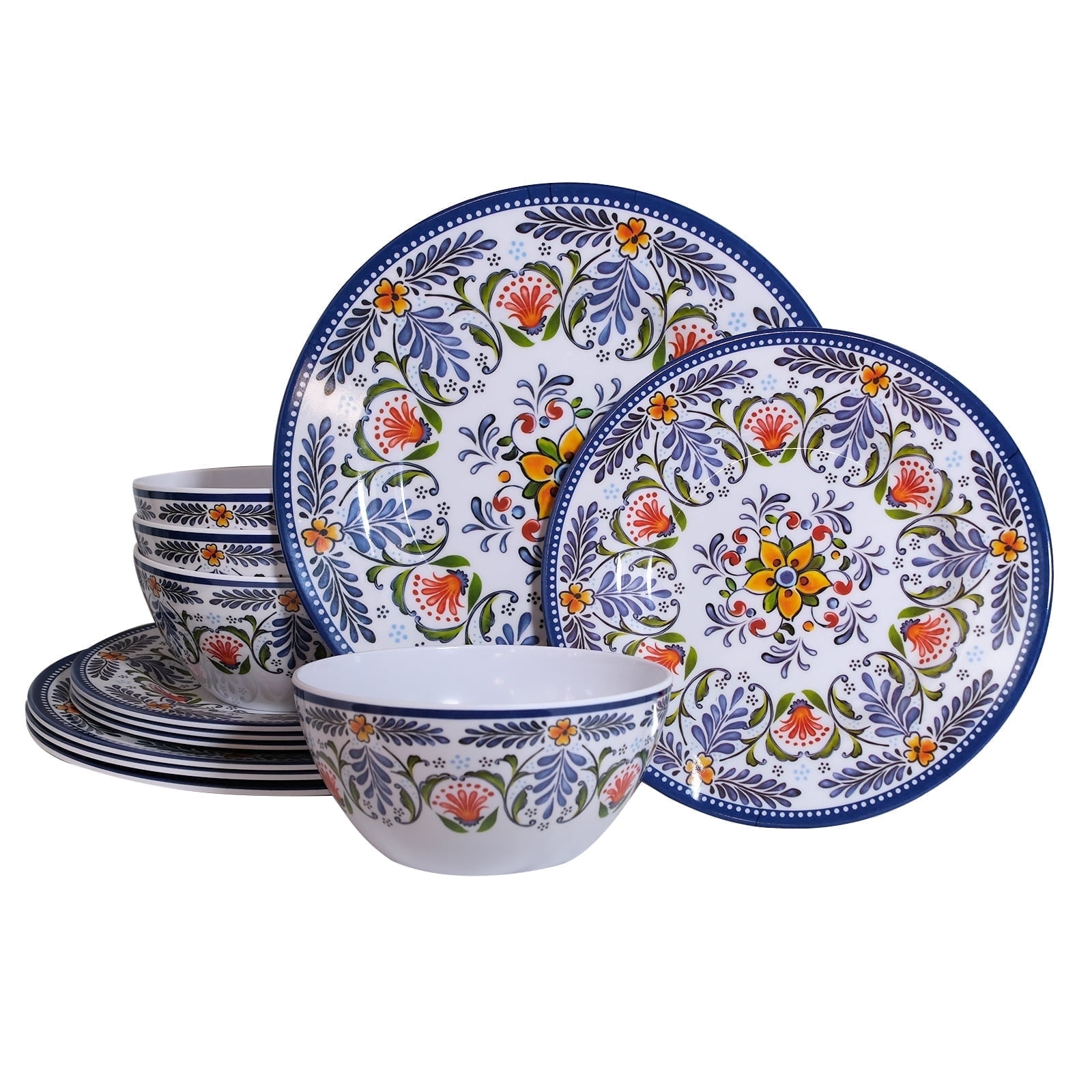 Melamine Dinnerware Set 12-Piece for 4 Dish Set Plates Bowls ...