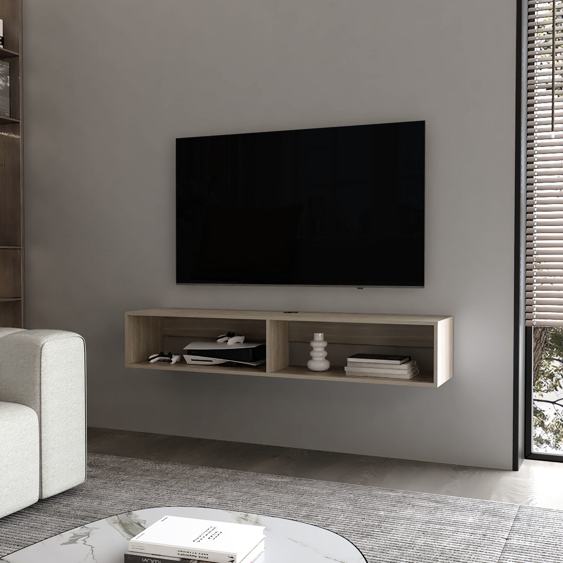 White Oak Floating Media Rack with Two Shelves for Modern Homes ...