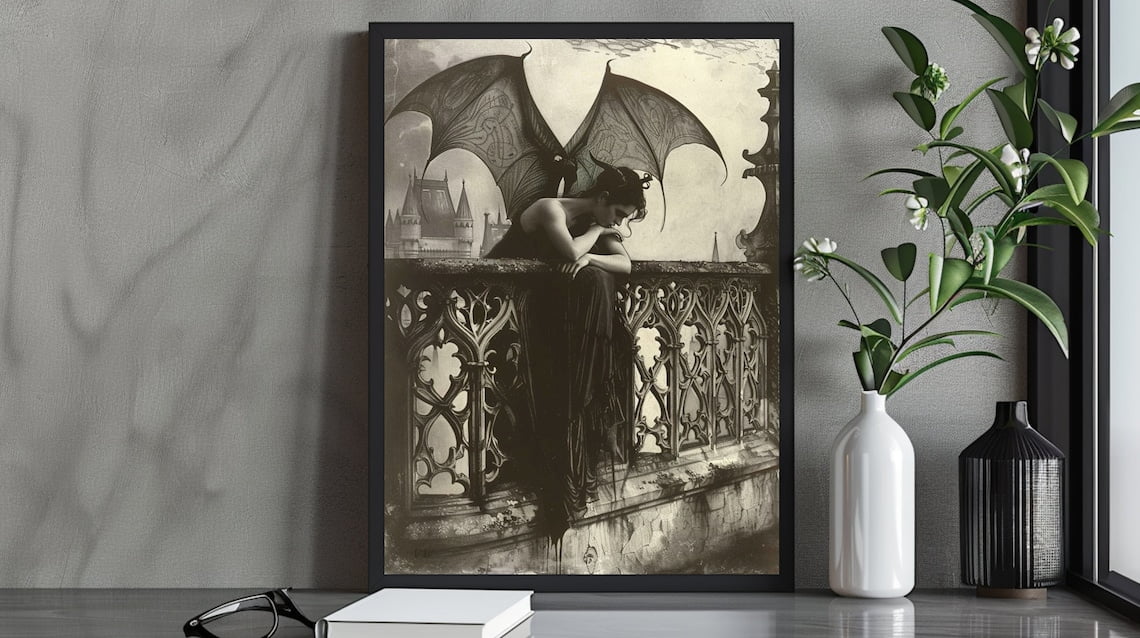 Melancholic Gothic Fantasy Art Print, Dark Angel On Gothic Balcony ...