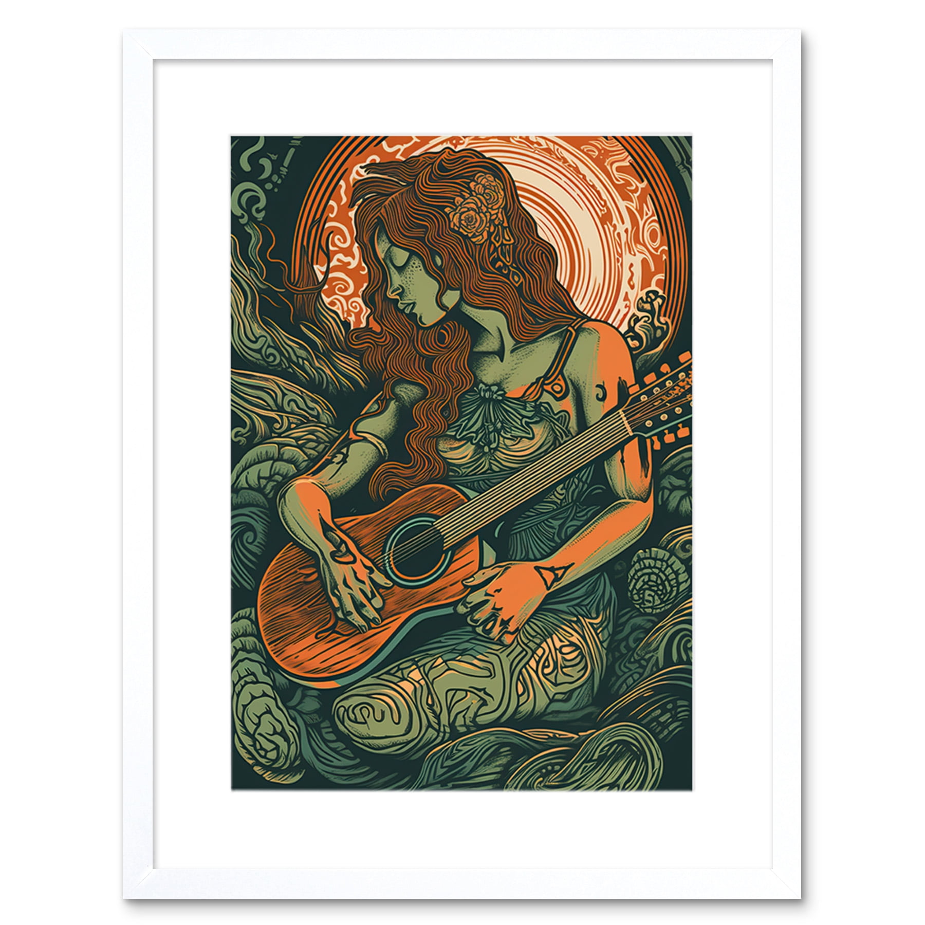 Melancholic Woman with Guitar Linocut Illustration Artwork Framed Wall ...