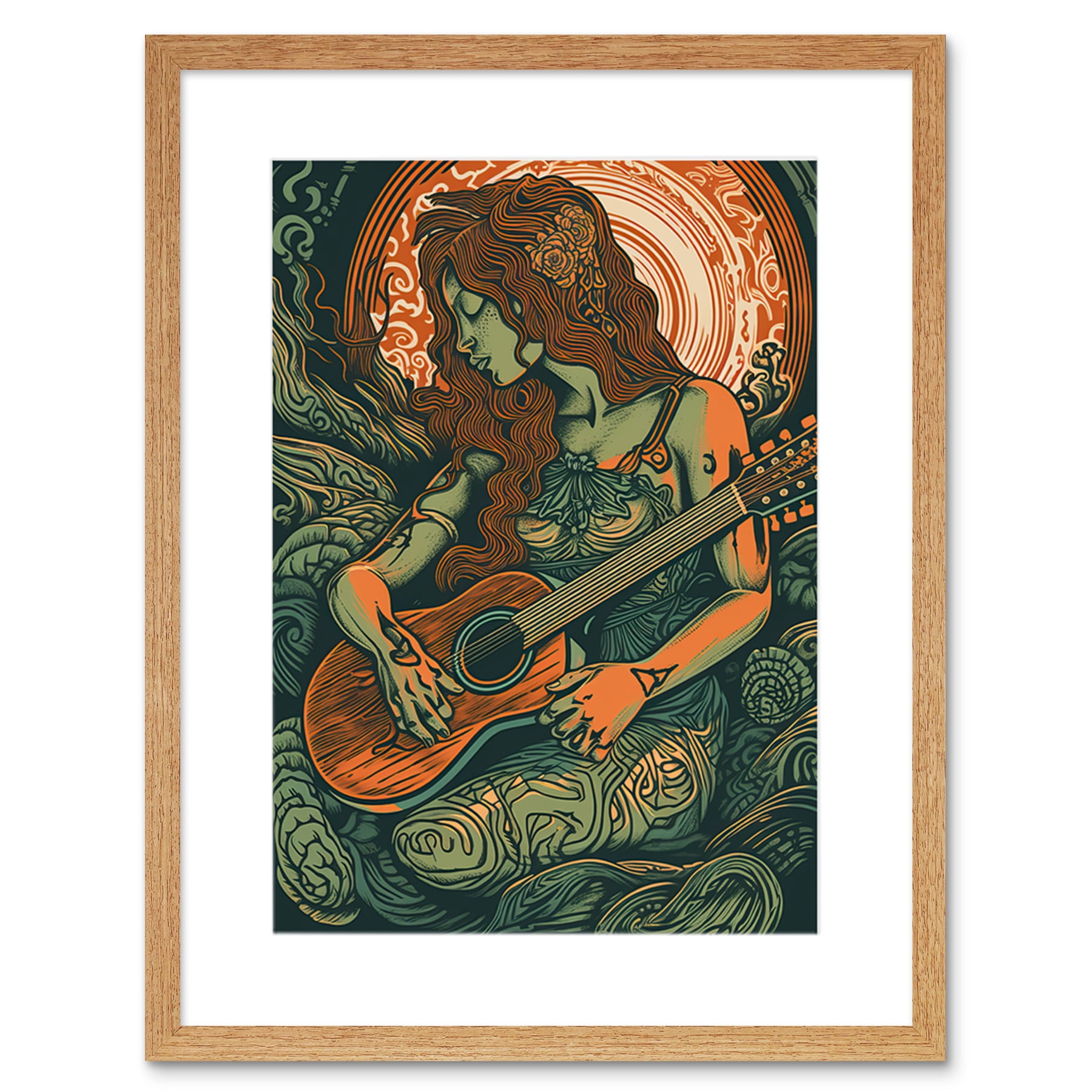 Melancholic Woman with Guitar Linocut Illustration Artwork Framed Wall ...